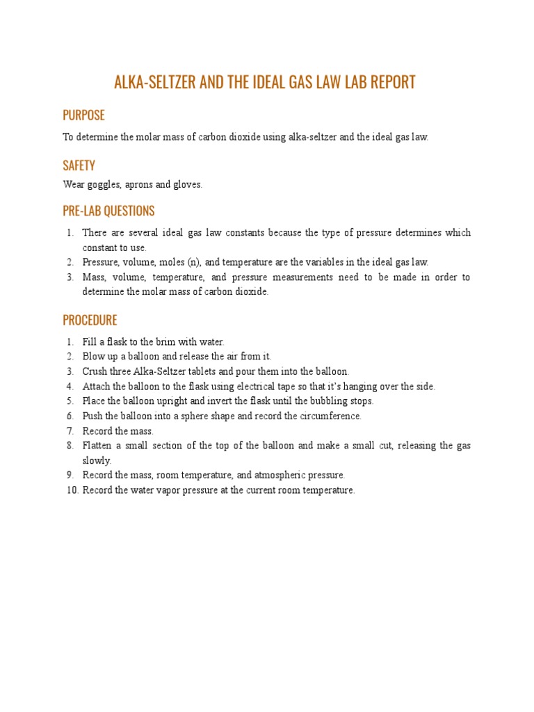 Alka-Seltzer Ideal Gas Law Lab Report | PDF | Mole (Unit) | Gases