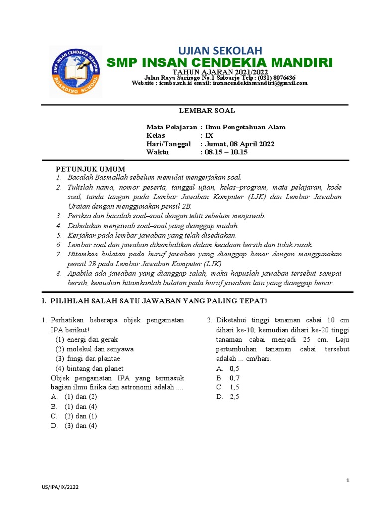Lembar Soal Ujian Sekolah | PDF