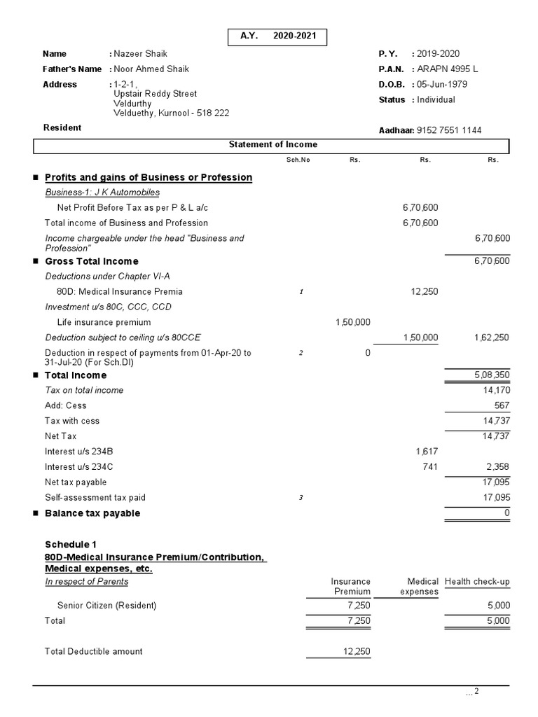Statement of Income and Tax Calculation for AY 2020-2021 of Nazeer ...