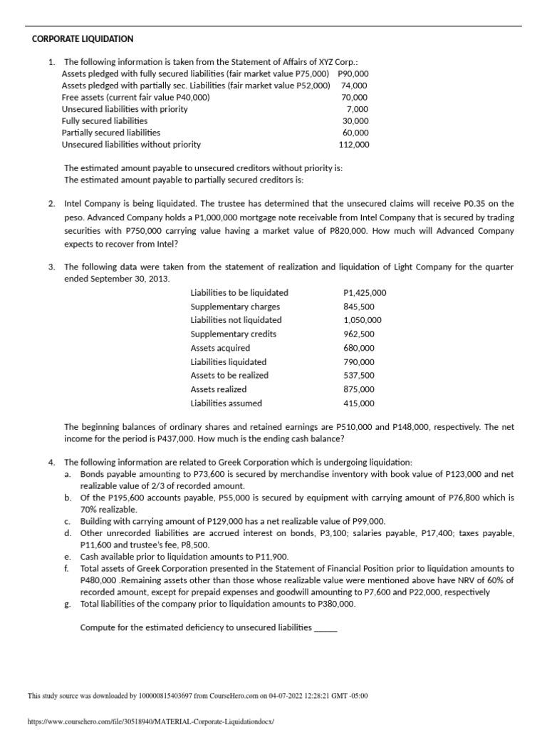 MATERIAL Corporate Liquidation | PDF | Book Value | Retained Earnings