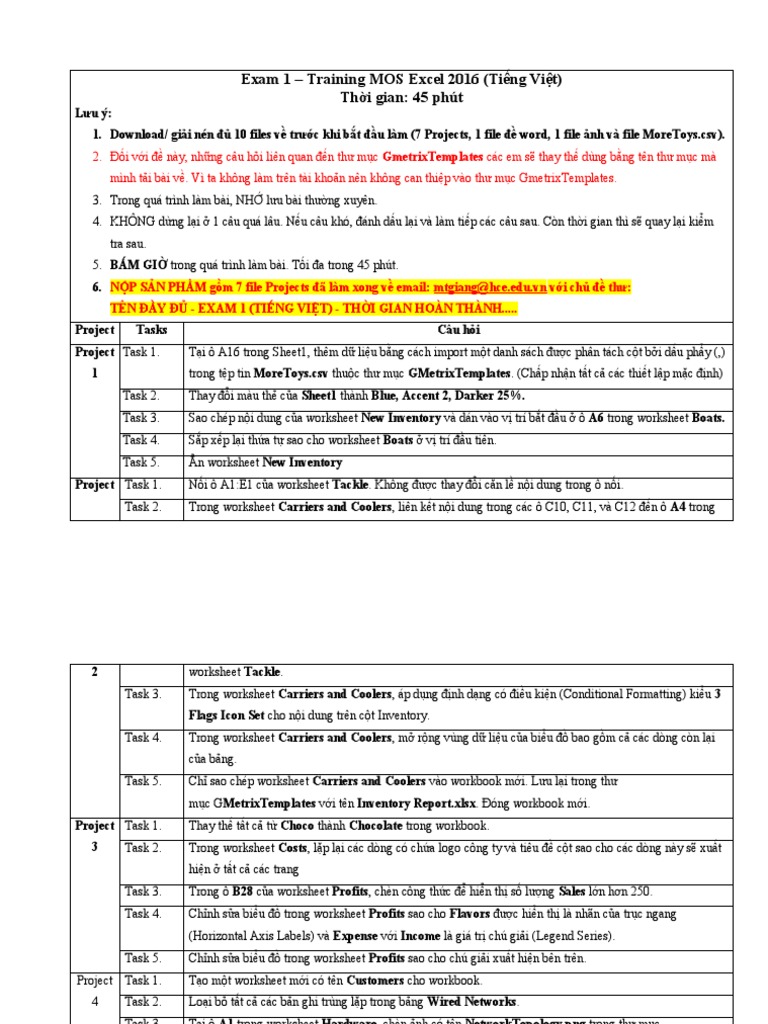 Exam 1 Training - MOS Excel 2016 (Tiếng Việt) | PDF