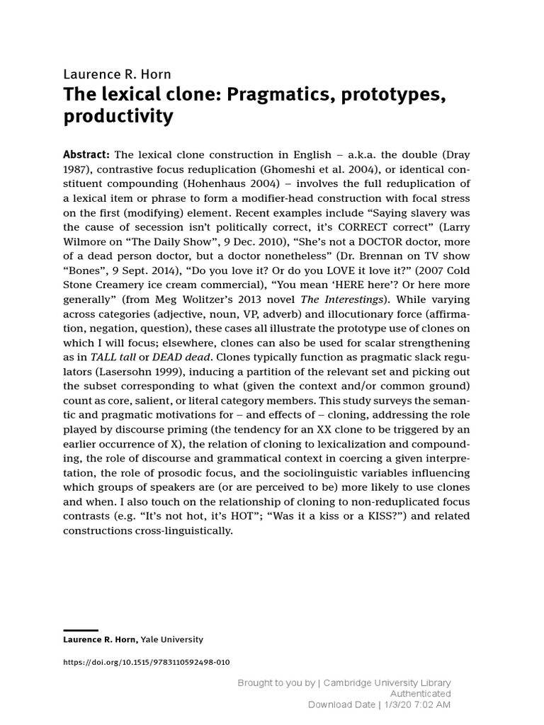 The Lexical Clone: Pragmatics, Prototypes, Productivity: Laurence R ...