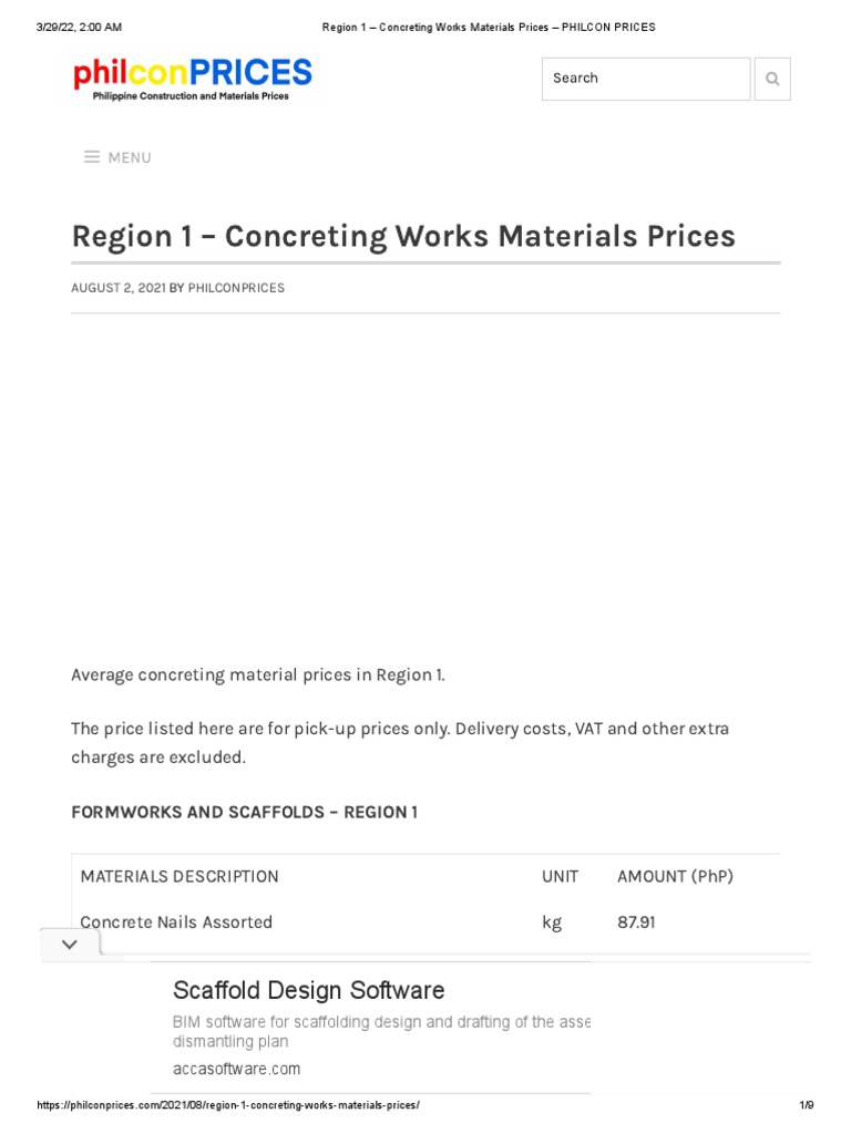 Region 1 - Concreting Works Materials Prices - PHILCON PRICES | PDF ...