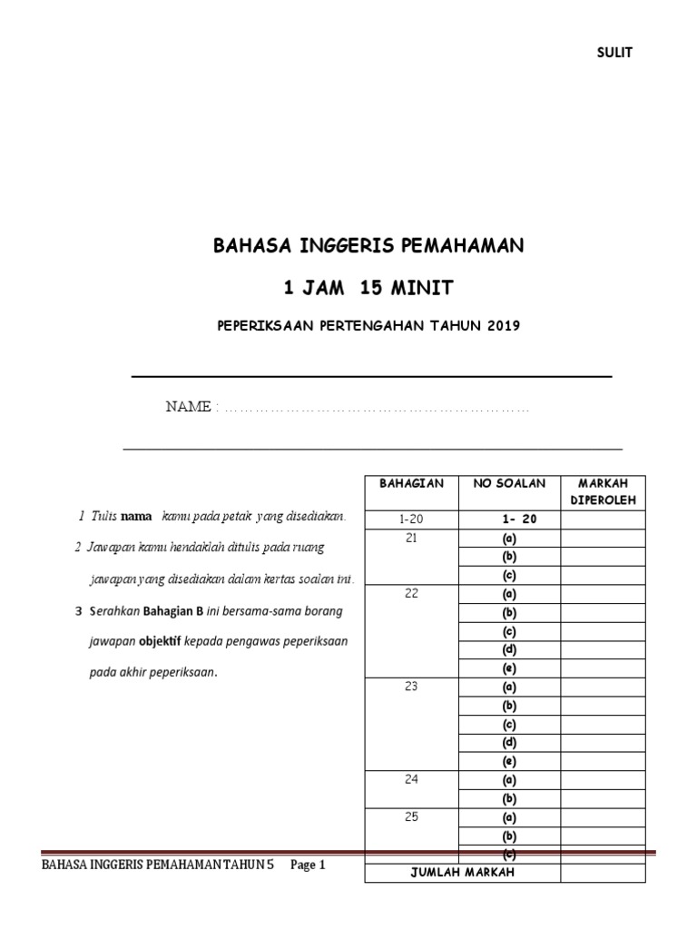 Kertas Soalan Bi Tahun 5 | PDF