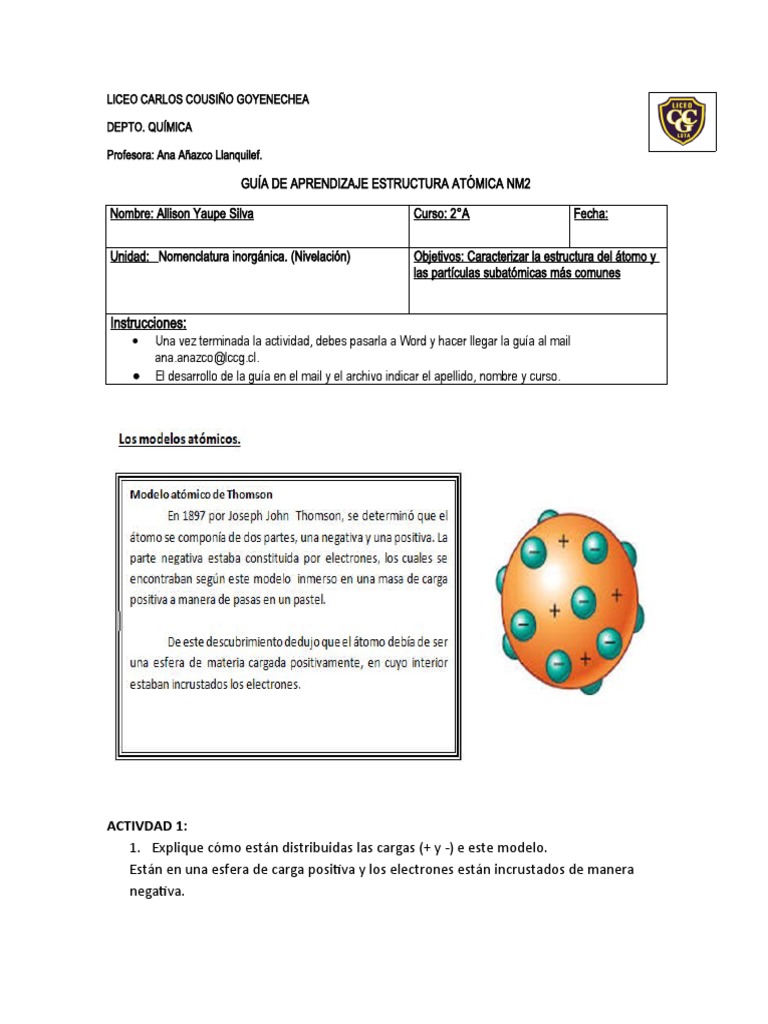 Actividad Modelos Atómicos 2021 | PDF | Núcleo atómico | Electrón