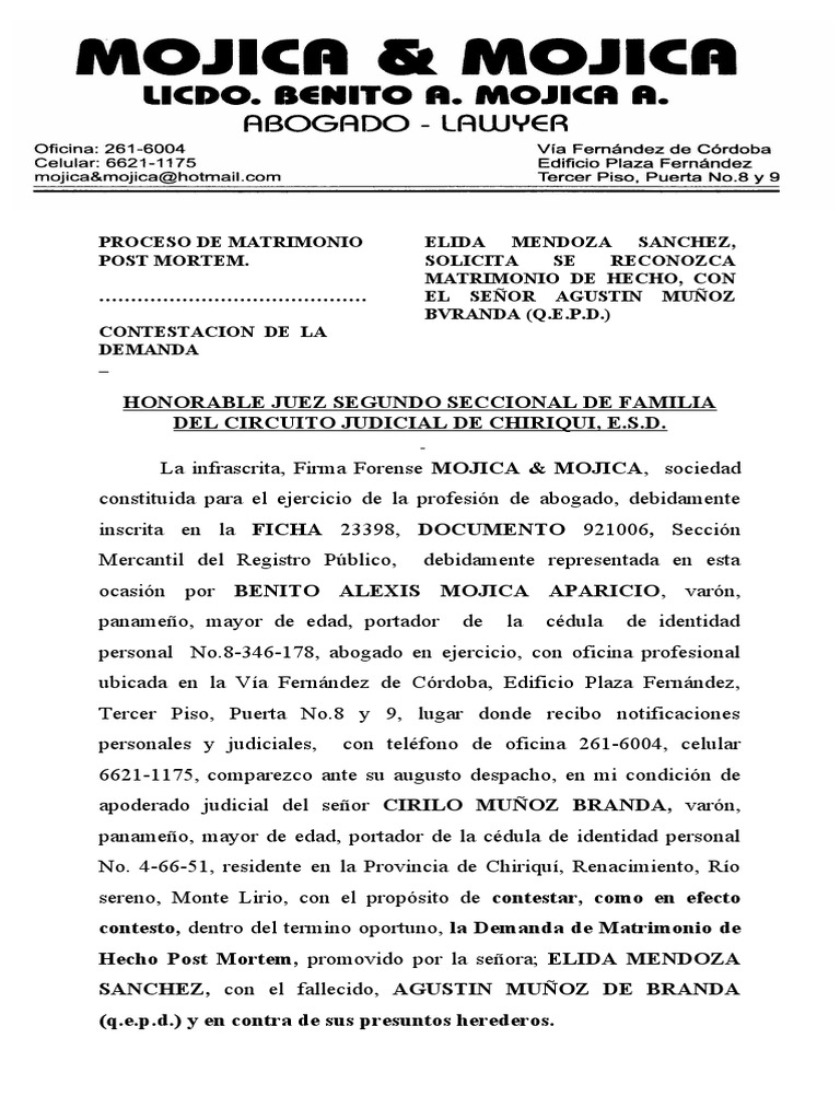 CONTESTACION DE DEMANDA de Matrimonio Post Mortem | PDF | Instituciones ...