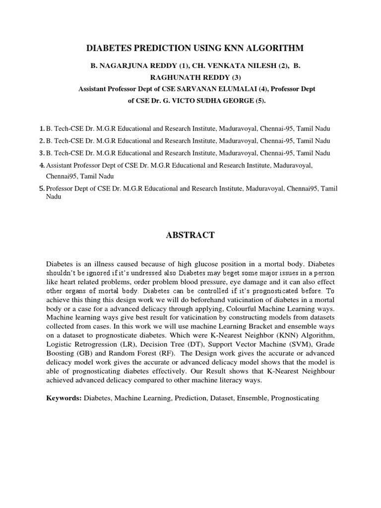 Diabetes Prediction Using KNN Algorithm: A Machine Learning Approach ...