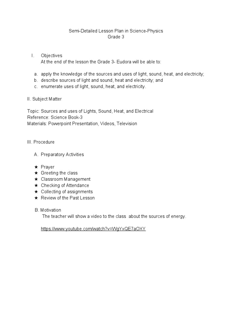 Semi-Detailed Lesson Plan in Science Grade 3 Physics? | PDF