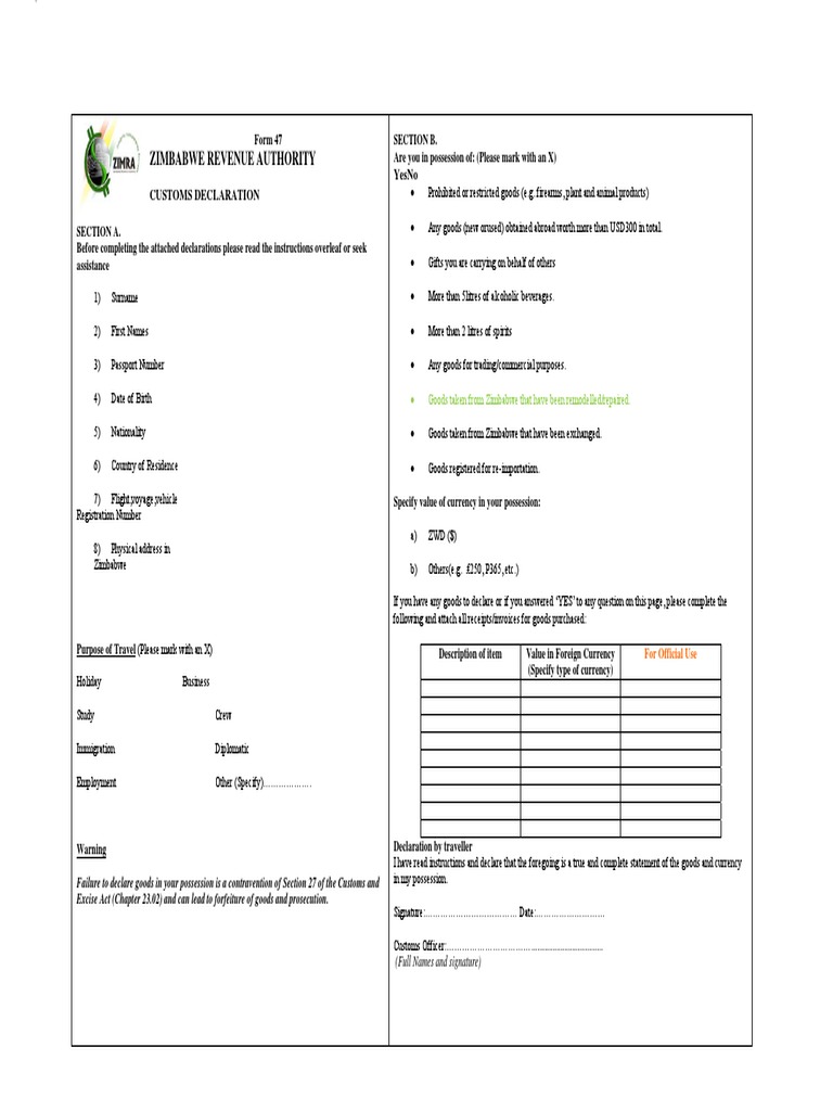 Form 47 Customs Declaration | PDF