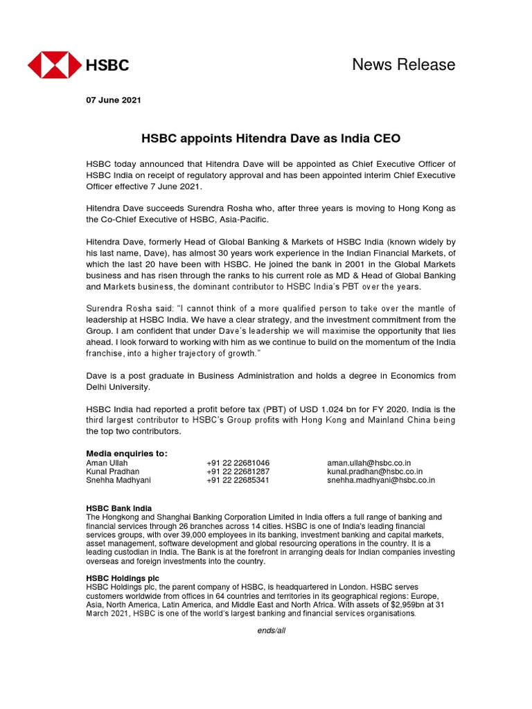 HSBC Ceo Appointment Press Release | Descargar gratis PDF | Hsbc | Banks