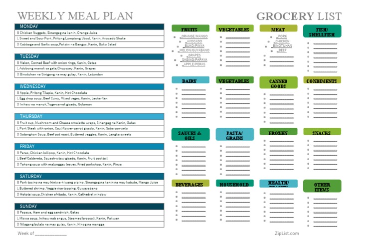 Weekly Meal Plan: Grocery List | PDF | Soup | Foods