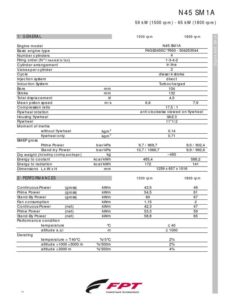 FPT N45 SM1A Datasheet | PDF | Engines | Vehicle Parts