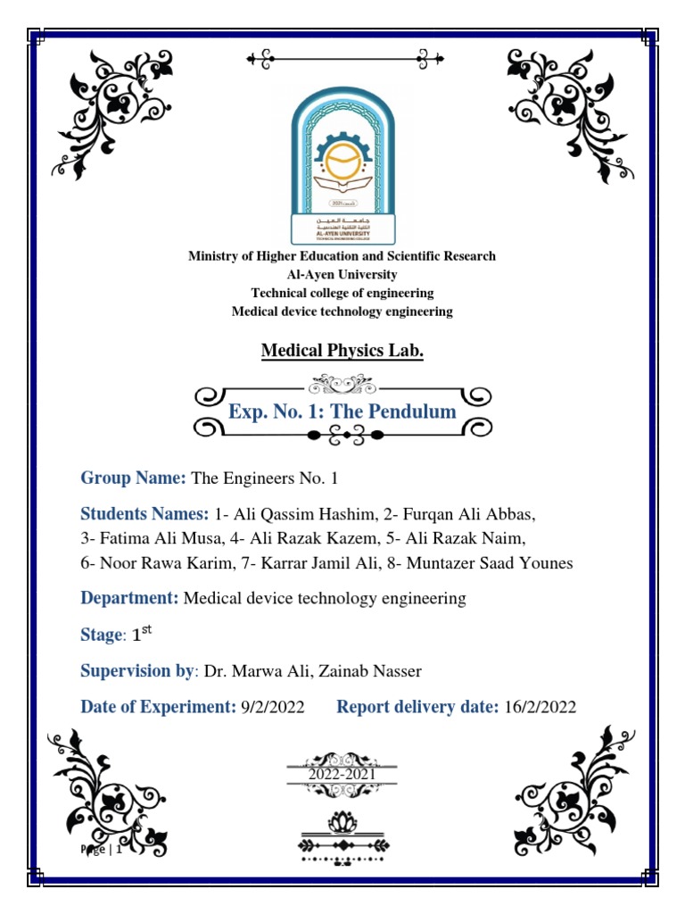 Exp No 1 The Pendulum Medical Physics Lab Pdf Pendulum