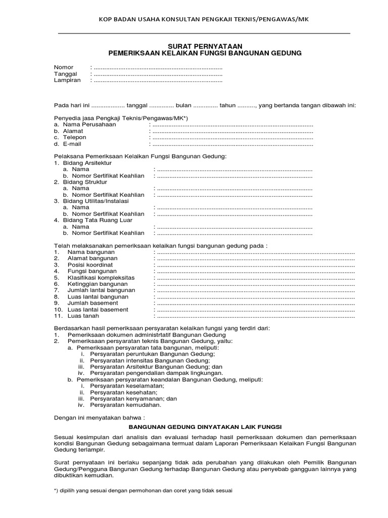 SLF Form Pernyataan Pemeriksaan Laik Fungsi Rev Permen Pu 27 2018 | PDF