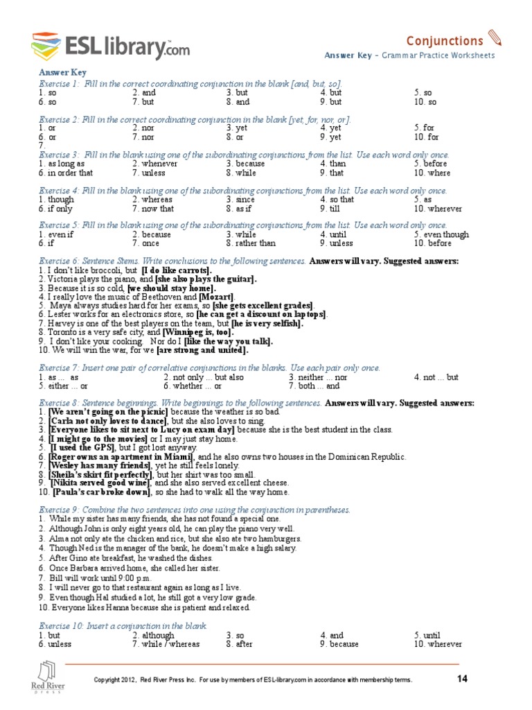 Conjunctions: Answer Key | PDF | Language Mechanics
