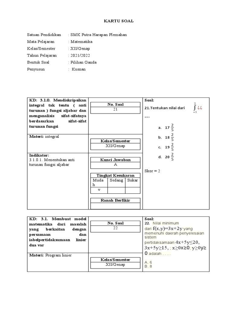Format Kartu Soal Matematika (Xii) | PDF
