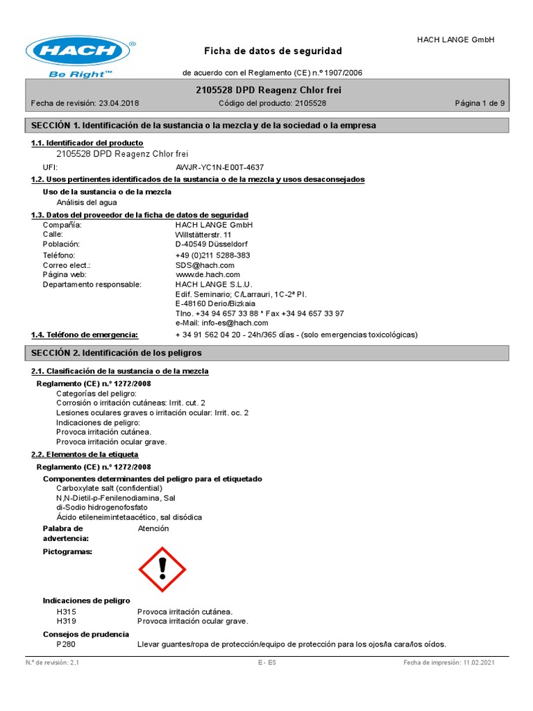 2-MSDS - Reactivo DPD-Cloro Libre | PDF