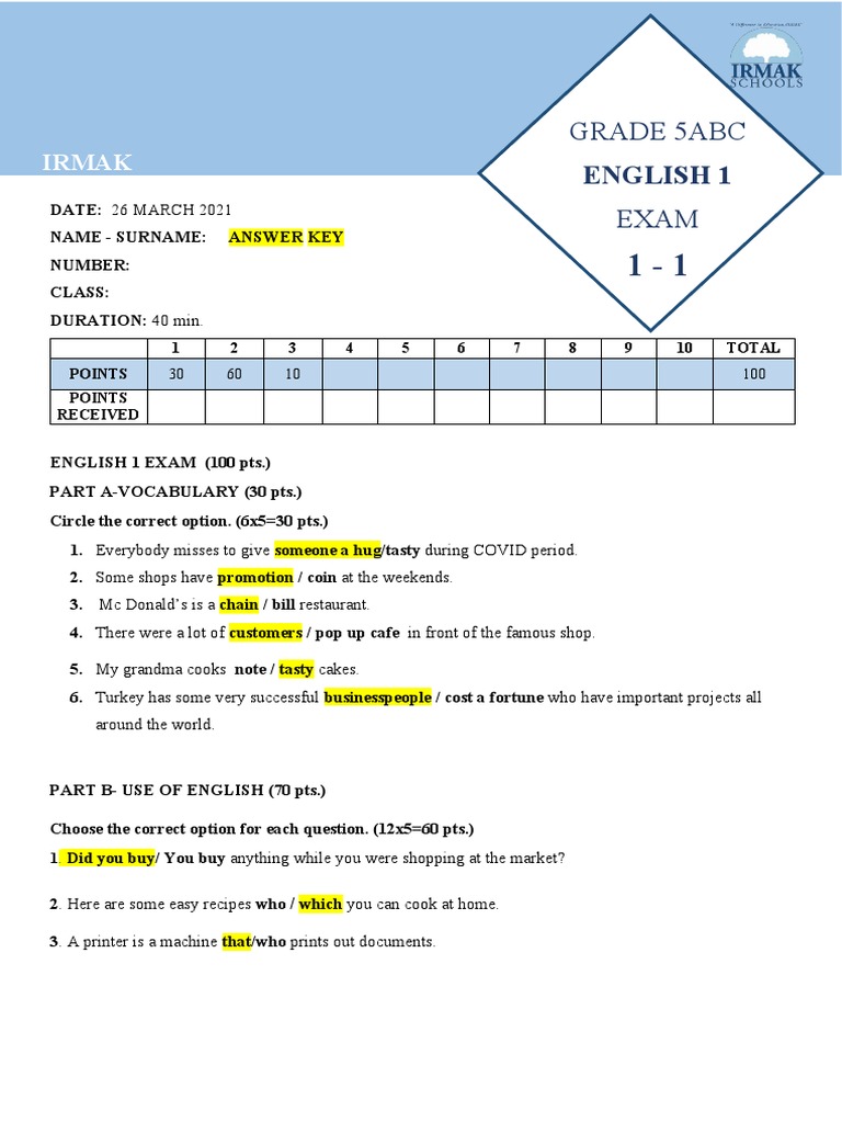 5abc English 1 Exam 26 March 2021 Answer Key | PDF