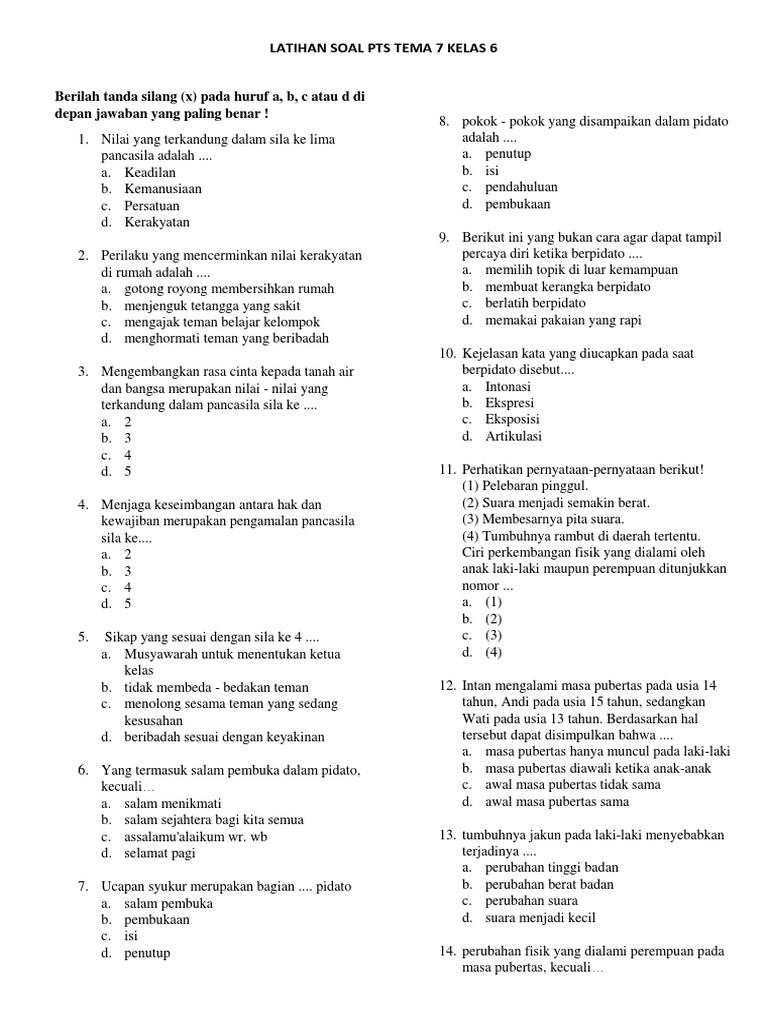 Latihan Soal Pts Tema 7 Kelas 6 | PDF