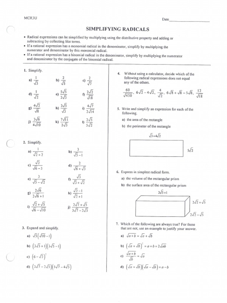L5a - Simplifying Radicals Worksheet | PDF