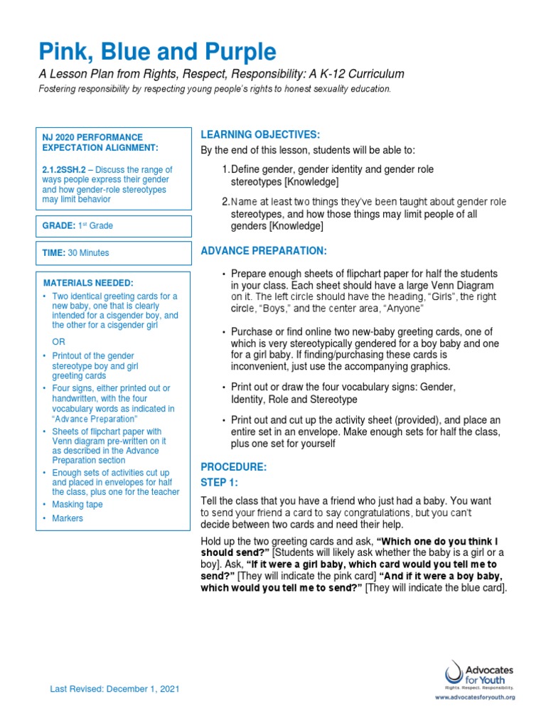 Pink, Blue and Purple: A Lesson Plan From Rights, Respect ...