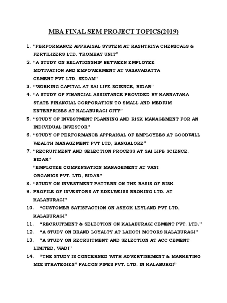 Potential MBA Final Seminar Project Topics from 2020 Covering Various ...