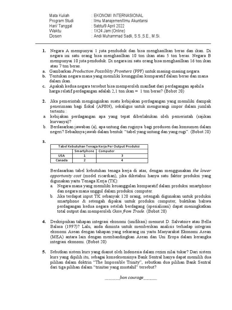 Opportunity Cost (Model Ricardian), Jika Diketahui Hanya Satu Faktor ...