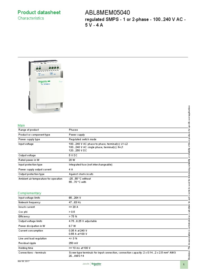 Product Datasheet for the ABL8MEM05040 Regulated SMPS Power Supply ...