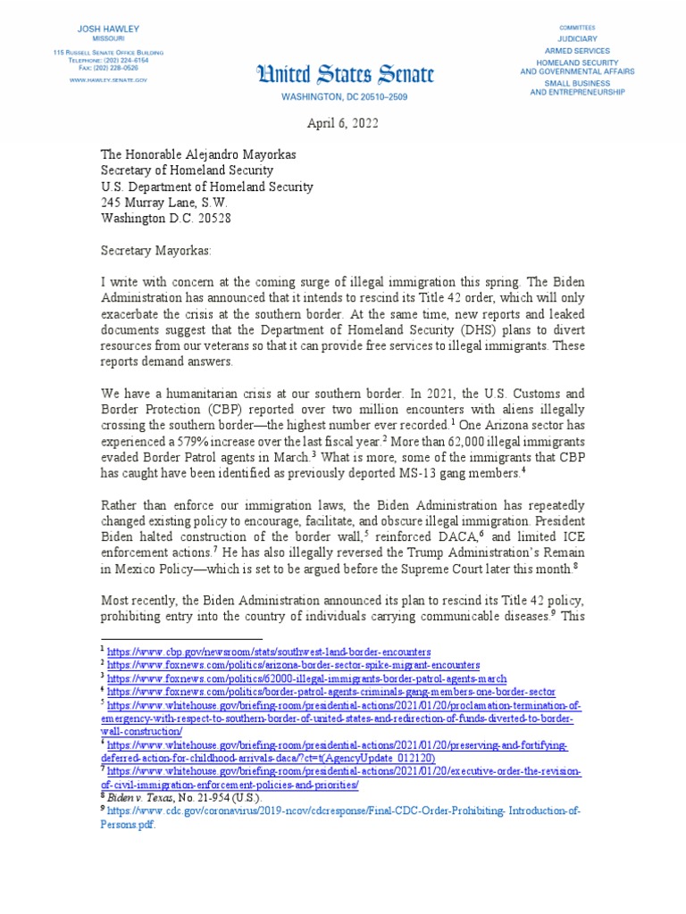 Hawley Letter To Mayorkas Regarding Reports of VA Doctors Being ...