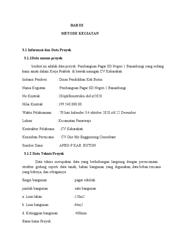 Bab 3 Kuliah Kerja Praktek, Pembangunan Pagar SDN 1 BANABUNGI (ASRIL) | PDF