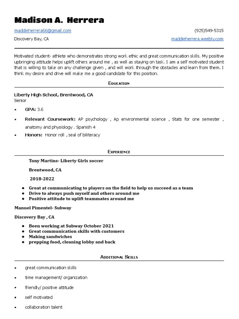 High School Student Resume Sample Msword Download | PDF