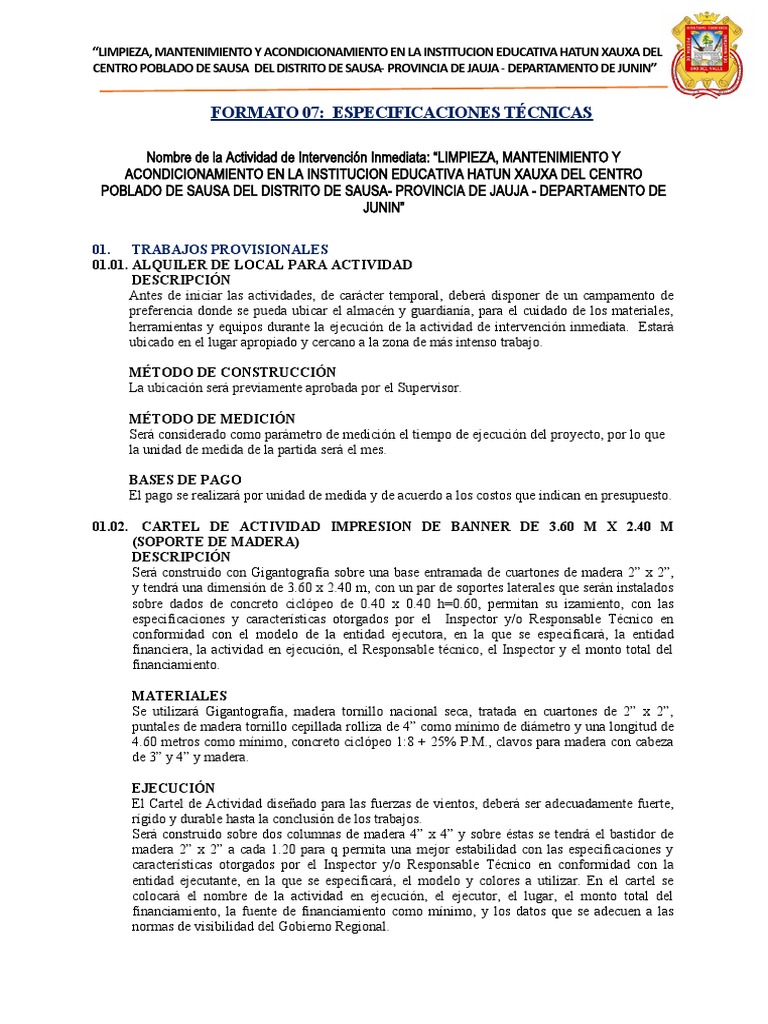 Sausa Colegio Especificaciones Tecnicas | PDF