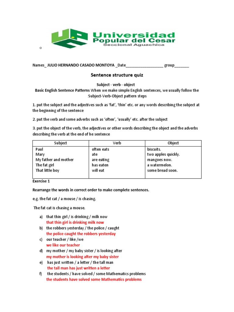 English Sentence Structure Quiz | PDF | Subject (Grammar) | Verb
