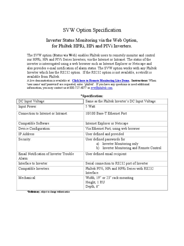 SVW Option Specification: Inverter Status Monitoring Via The Web Option ...