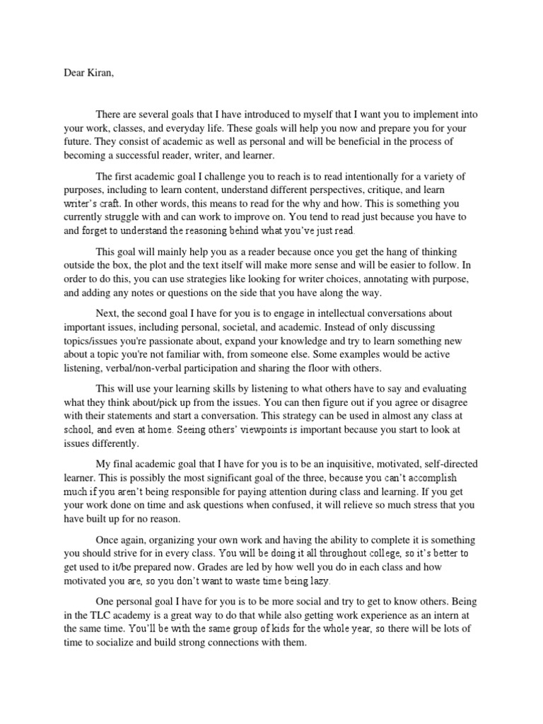 Goals Letter | PDF | Learning | Writers