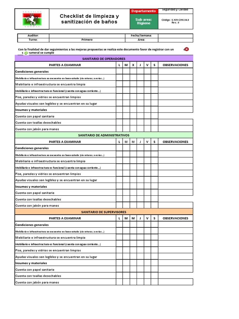 Checklist Revision de Sanitarios e Insumos | PDF