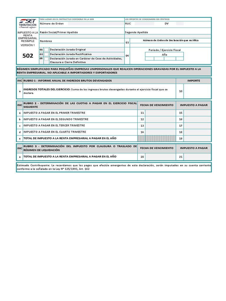 Formulario #502 - IRE RESIMPLE Versión 1 | PDF