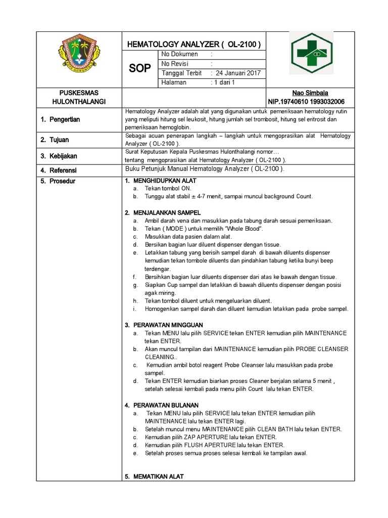 Sop Hematology Analyzer (Ol-2100) | PDF