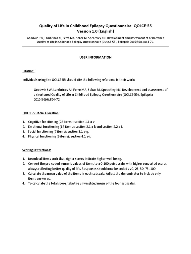 Quality of Life in Childhood Epilepsy Questionnaire: QOLCE-55 Version 1 ...