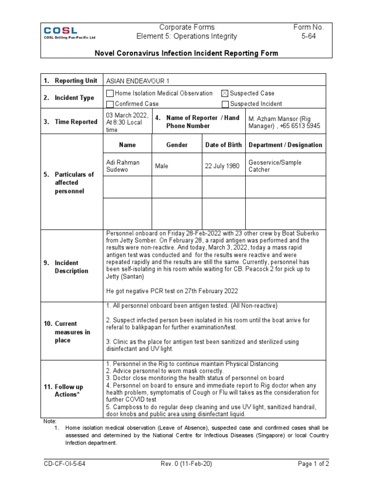 COVID - 19 Incident Reporting Form - Adi Rahman Sudewo | PDF ...