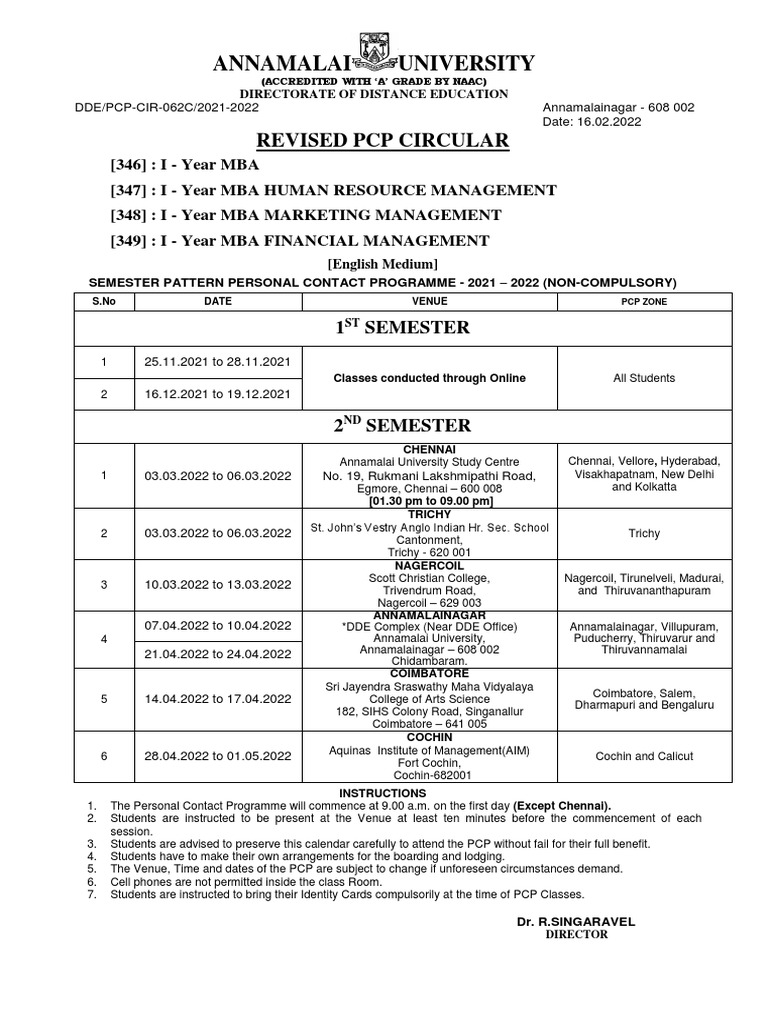 Annamalai University: Revised PCP Circular | PDF