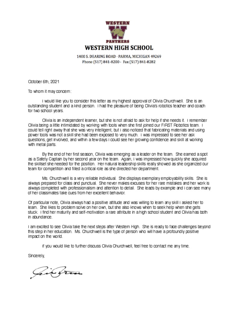Letter of Rec - Olivia Churchwell 2021 | PDF | Neuropsychological ...