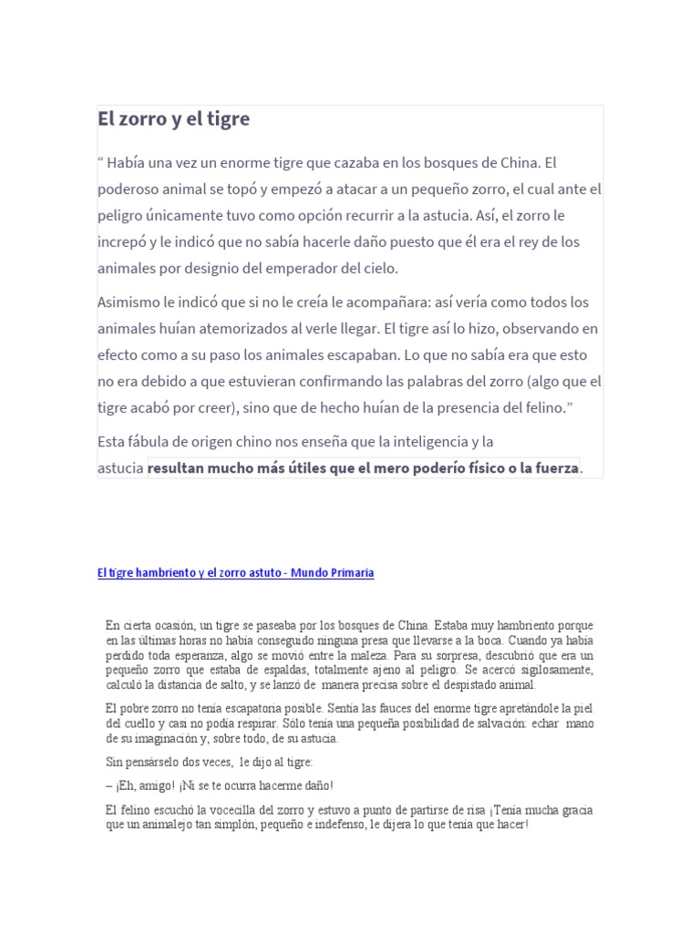 Cuento De El Zorro Y El Tigre Pdf Tigre