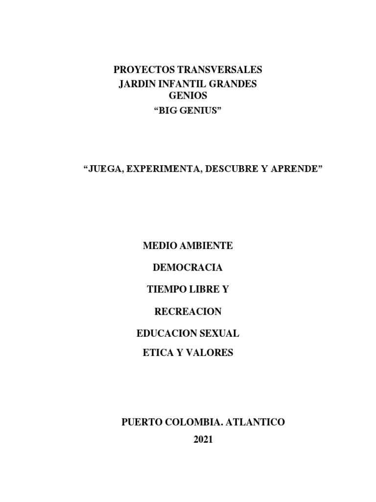 Anexo 4 - Proyectos Transversales | PDF | Educación de la primera infancia | Aprendizaje