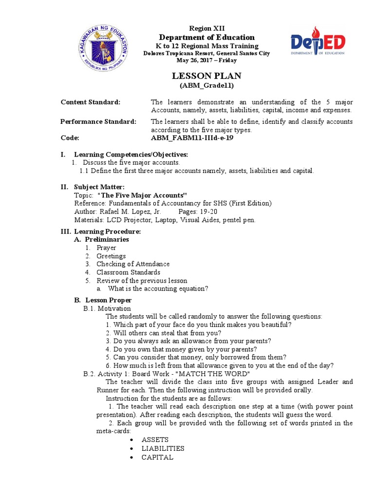 K to 12 Lesson Plan: Major Accounts | PDF | Career & Growth | Social ...