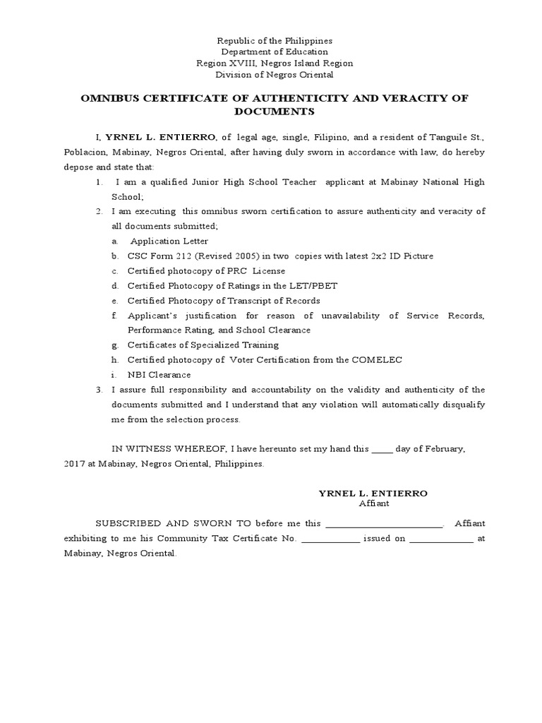 Omnibus Certificate of Authenticity and Veracity of Documents | PDF
