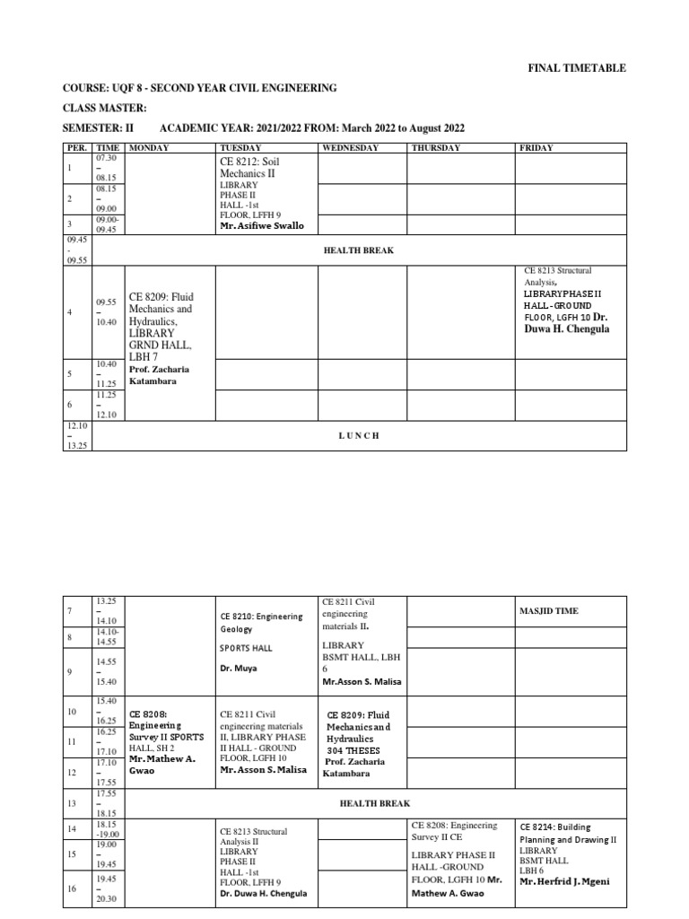 Final Timetable Course: Uqf 8 - Second Year Civil Engineering Class Master: SEMESTER: II ...