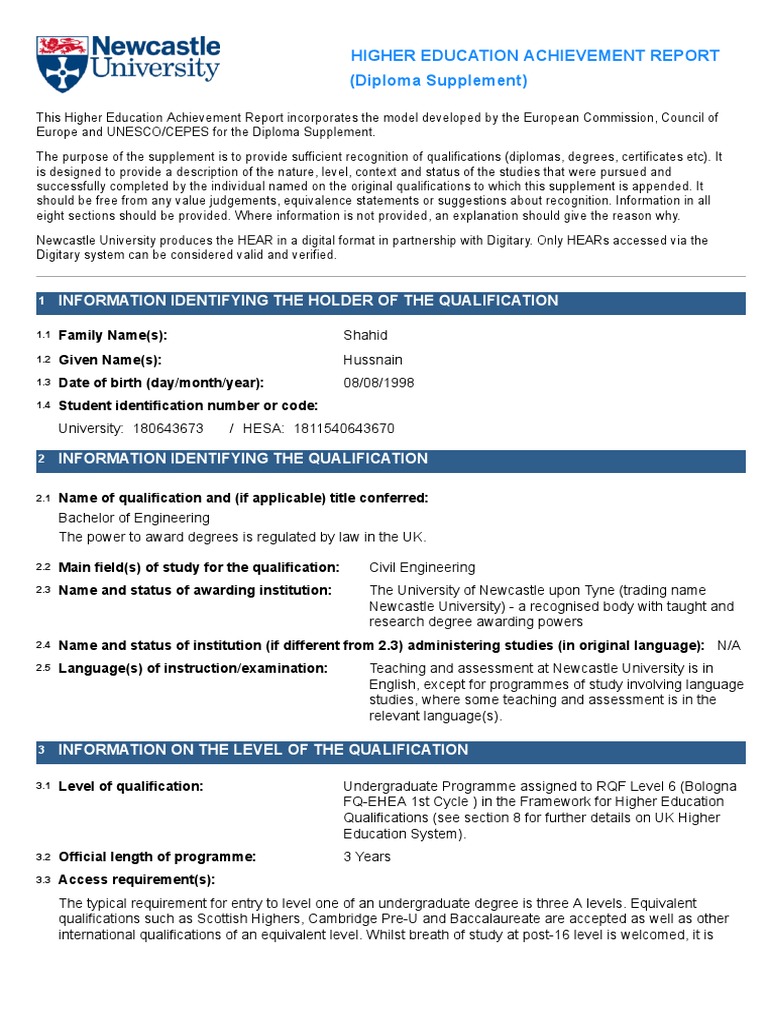 Information Identifying The Holder of The Qualification: Higher ...