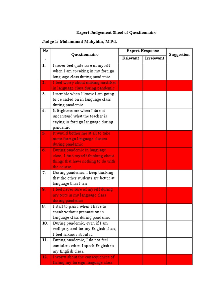 Expert Judgement Sheet of Questionnaire | PDF | Foreign Language ...