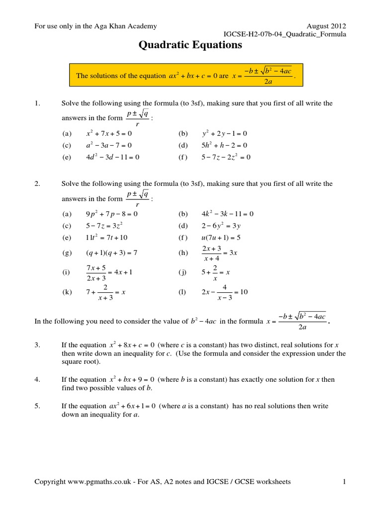 IGCSE H2 07b 04 Quadratic Formula | PDF | Equations | Quadratic Equation